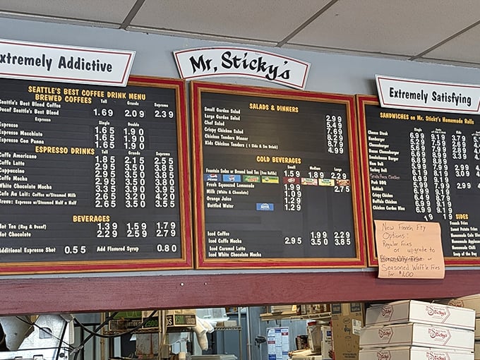 The menu board reveals Mr. Sticky's isn't just about the buns—though let's be honest, that's why pilgrims make the journey.