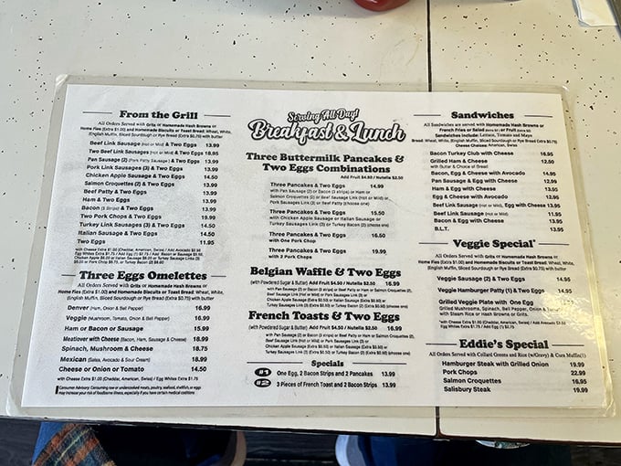 Eddie's menu reads like a love letter to breakfast classics. No QR codes, no fusion experiments—just the timeless hits that have fueled San Franciscans for generations.
