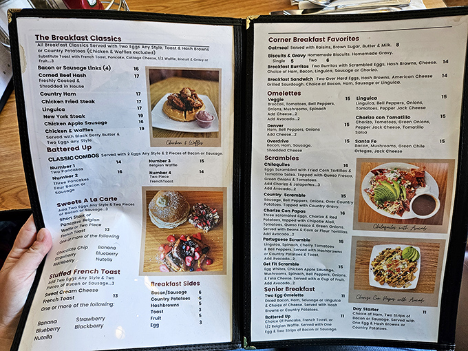 This menu isn't just a list of options—it's a roadmap to happiness, with the legendary breakfast burrito holding court among the classics.