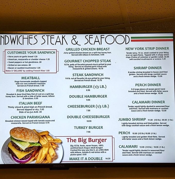 The menu board reads like a love letter to Italian-American comfort food, from meatball sandwiches to jumbo shrimp.