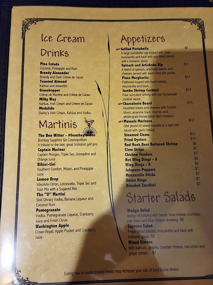 A menu that doesn't need fancy fonts or pretentious descriptions—just honest food that speaks for itself. The martini selection alone deserves a standing ovation.