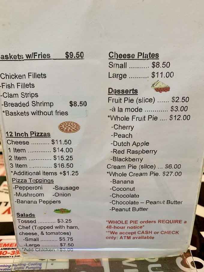 This menu isn't just a list of food; it's a roadmap to happiness. Note the cream pies section – your destination for bliss.