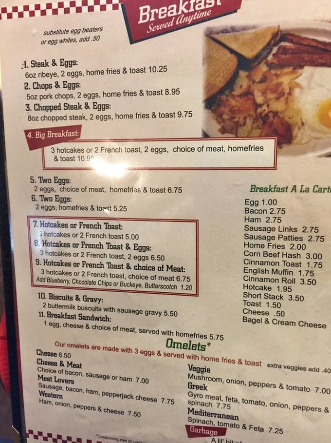 The menu – a sacred text of breakfast possibilities where "Biscuits & Gravy" isn't just item #10, it's the reason some folks set their alarm clocks.