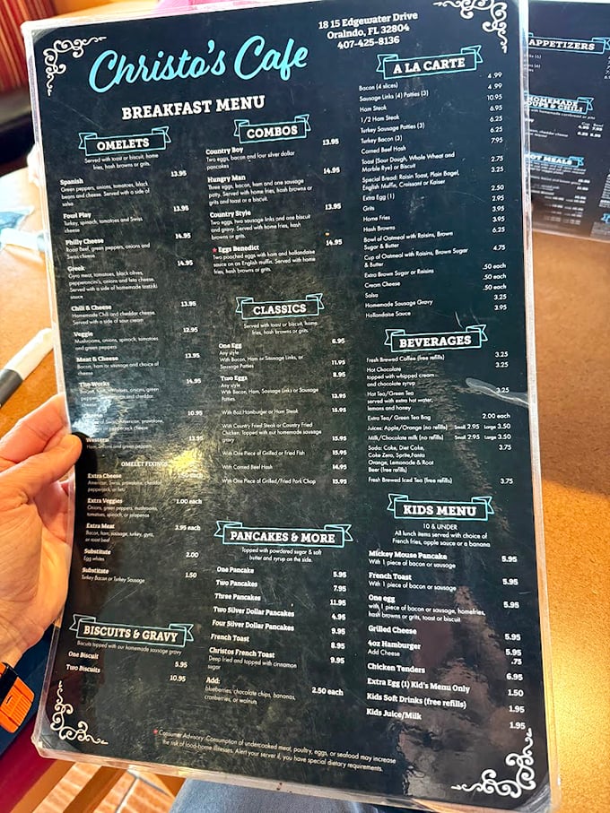 This menu isn't just a list of options—it's a roadmap to breakfast nirvana, with omelets leading the expedition.