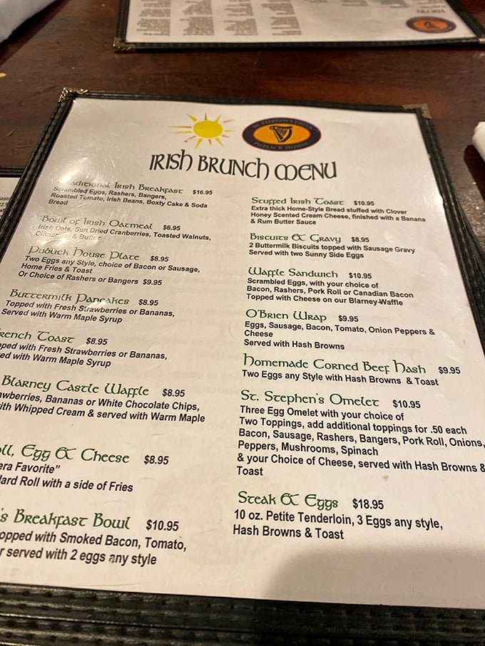 The Irish Brunch Menu reads like poetry to the breakfast-obsessed. "Blarney Castle Waffle" isn't just a name – it's a promise of morning magic.