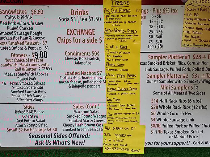 This menu board tells you everything you need to know about life's priorities. Meat first, sides second, happiness guaranteed.