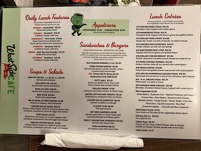 This menu isn't trying to reinvent the wheel—it's celebrating the classics that have kept Texans coming back for decades, from chicken and dumplings to hand-breaded catfish.