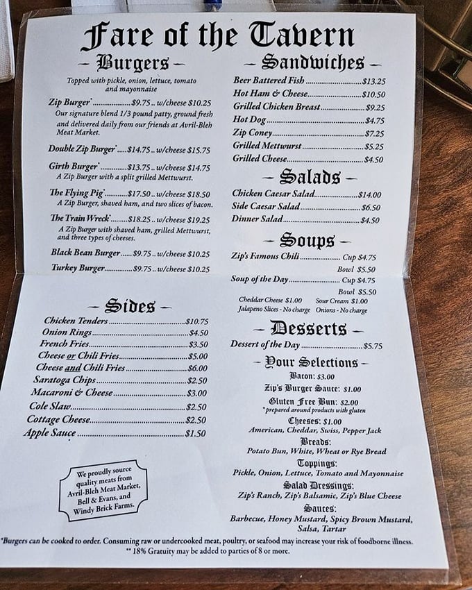 The menu at Zip's reads like burger poetry – from the classic Zip Burger to the mountainous Train Wreck, each option promises a different path to satisfaction.