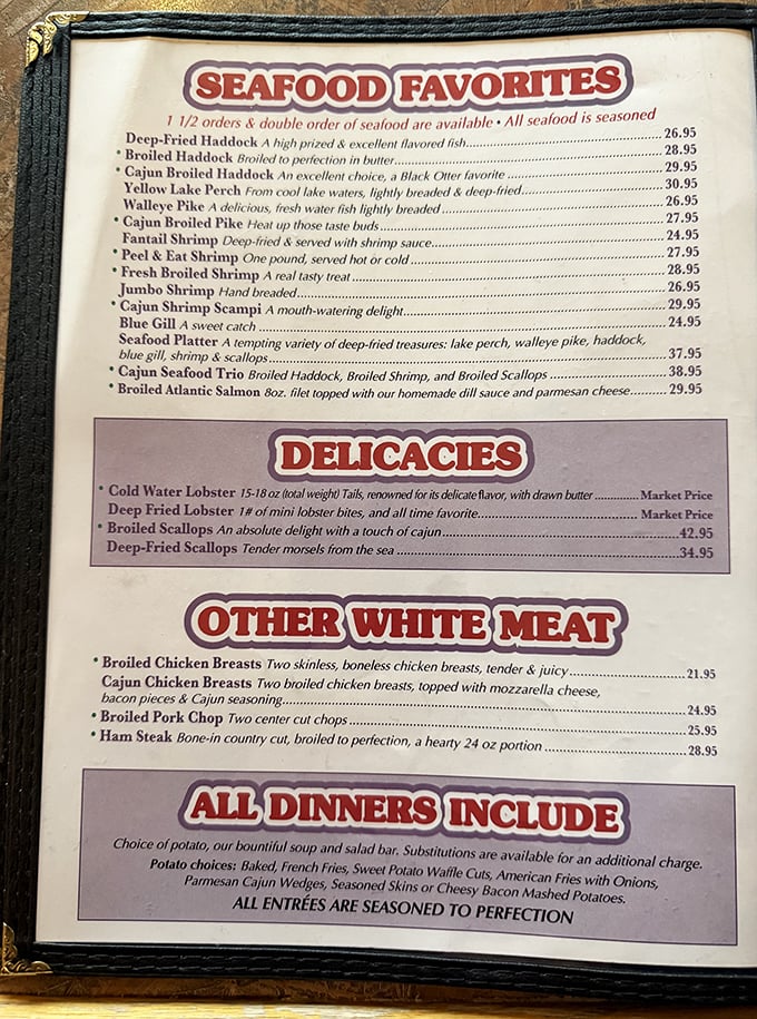 The menu reads like a love letter to Wisconsin dining traditions – seafood, steaks, and all the fixings that make supper clubs the state's culinary treasure.