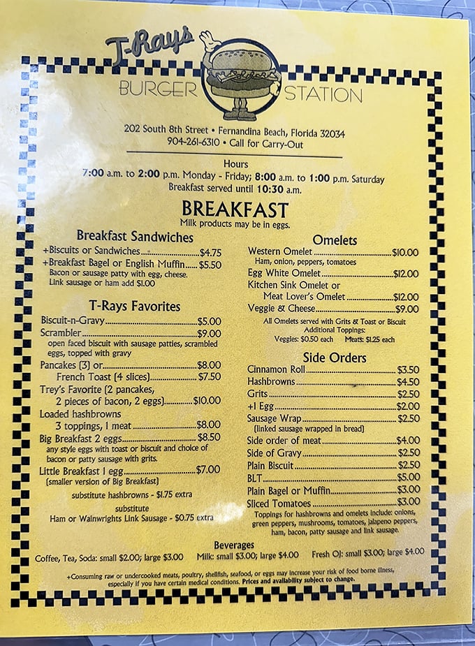 A menu that doesn't need fancy descriptions or trendy ingredients—just straightforward breakfast and burger perfection that speaks for itself.