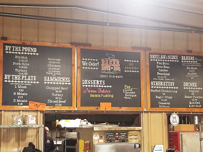 The chalkboard menu speaks the universal language of Texas barbecue. Each listed item represents hours of smoky dedication and generations of know-how.