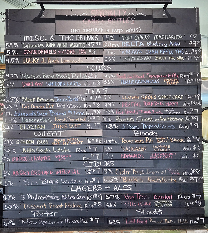 This drink menu board reads like a mixtape of liquid joy—with names like "Unicorn Farts" and "Clown Shoes Space Cake" that are impossible to order with a straight face.