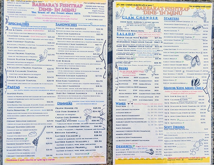 A menu that reads like maritime poetry—specialties, sandwiches, and the star of the show: that legendary clam chowder that's worth every mile of the drive.