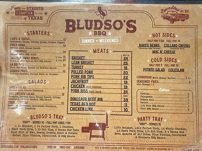 This menu isn't just a list of food—it's a roadmap to happiness with "From the Streets of Compton to the Roads of Texas" proudly displayed.