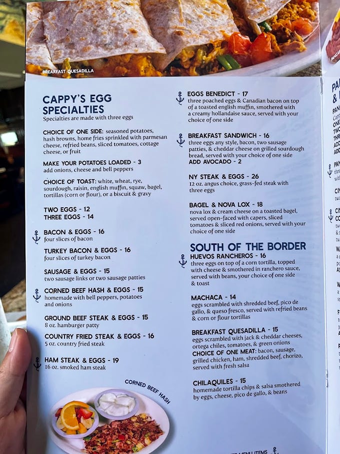 The menu at Cappy's reads like a love letter to breakfast classics—three eggs any style, loaded potatoes, and that legendary country fried steak.