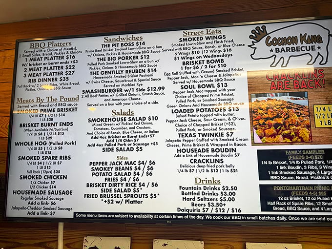 This menu board is basically a treasure map for hungry explorers – X marks the spot where brisket meets boudin.