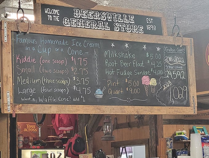 That chalkboard menu isn't just listing ice cream—it's advertising happiness by the scoop. The waffle cone upgrade is non-negotiable.