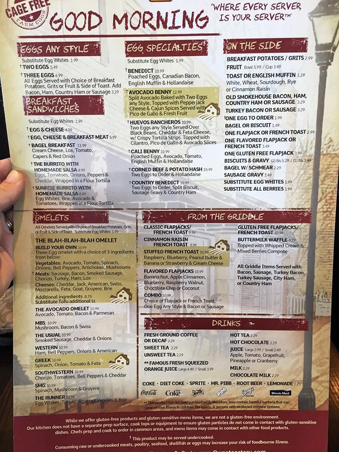 The menu reads like a love letter to breakfast enthusiasts—where else can you find something called a "Blah-Blah-Blah Omelet" that's anything but boring?