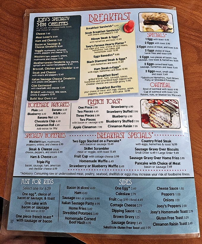 The menu at Joey's reads like a love letter to breakfast enthusiasts, with the legendary Eggs Benedict holding court among worthy contenders.