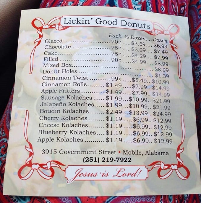 The menu tells a delicious story of traditional treats and regional specialties. Notice "Jesus is Lord!" at the bottom—faith and fried dough, together at last.