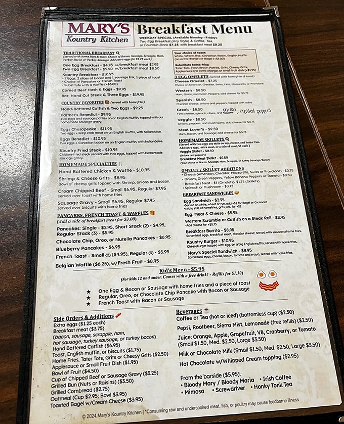 The menu at Mary's is like a greatest hits album of American breakfast classics – no avocado toast in sight, just the standards done right.