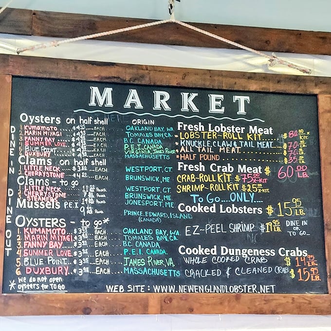The chalkboard menu reads like poetry to seafood lovers—a maritime manifesto of oceanic delights sourced from waters near and far.