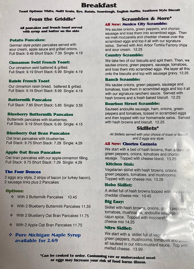This menu isn't just a list of options—it's a roadmap to happiness with detours through pancake paradise and omelet nirvana.