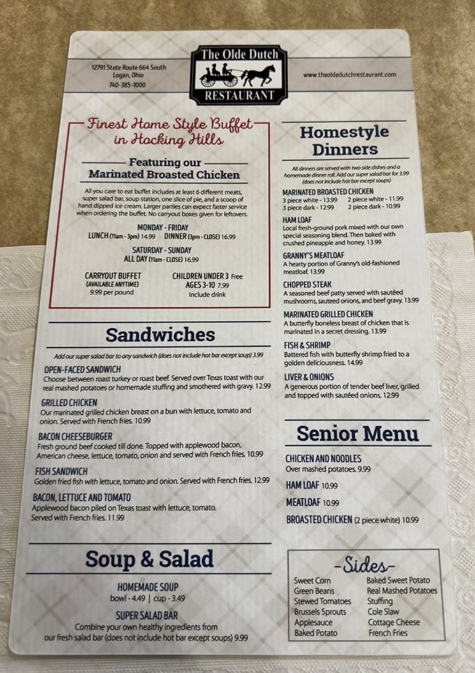 This menu isn't just a list of food—it's a roadmap to happiness. The "Finest Home Style Buffet in Hocking Hills" isn't bragging if it's true.