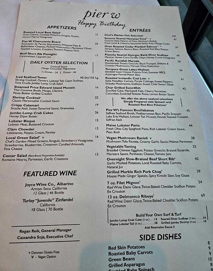 This menu isn't just a list of dishes—it's a treasure map where X marks the Maine Lobster Pasta. Choose your own culinary adventure.