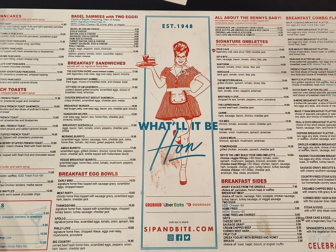 This menu isn't just reading material—it's a roadmap to happiness. The illustrated waitress seems to say, "Trust me, you're gonna need a bigger belt."