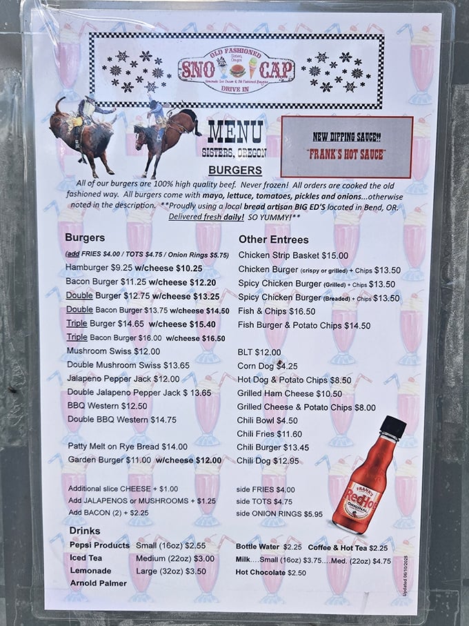 This menu isn't playing hard to get—it proudly declares its burger-flipping intentions with rodeo imagery and the promise of "never frozen" beef.