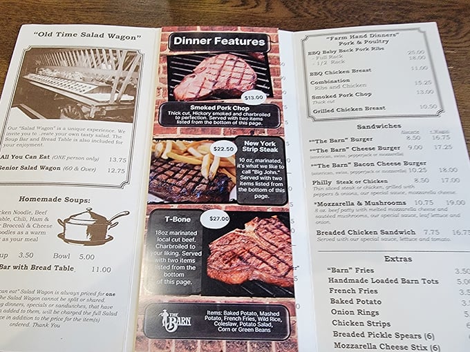 The menu reads like a love letter to Midwestern appetites – where decisions are weighty matters and salad is just something that happens before the main event.