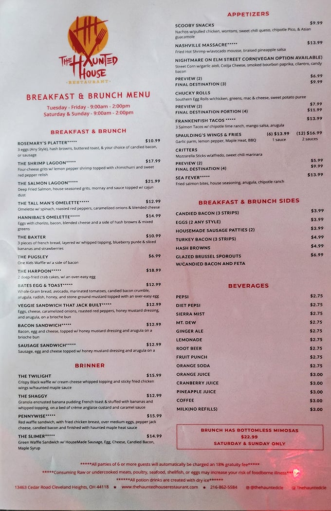 This isn't your grandmother's menu unless she was Morticia Addams. Horror-themed dishes that make choosing dinner delightfully difficult.