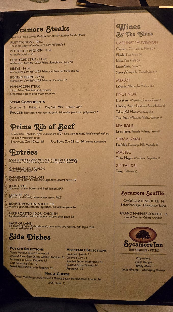 A menu that reads like poetry to carnivores—note the prime rib "aged a minimum of 21 days," older than some wines I've enjoyed.