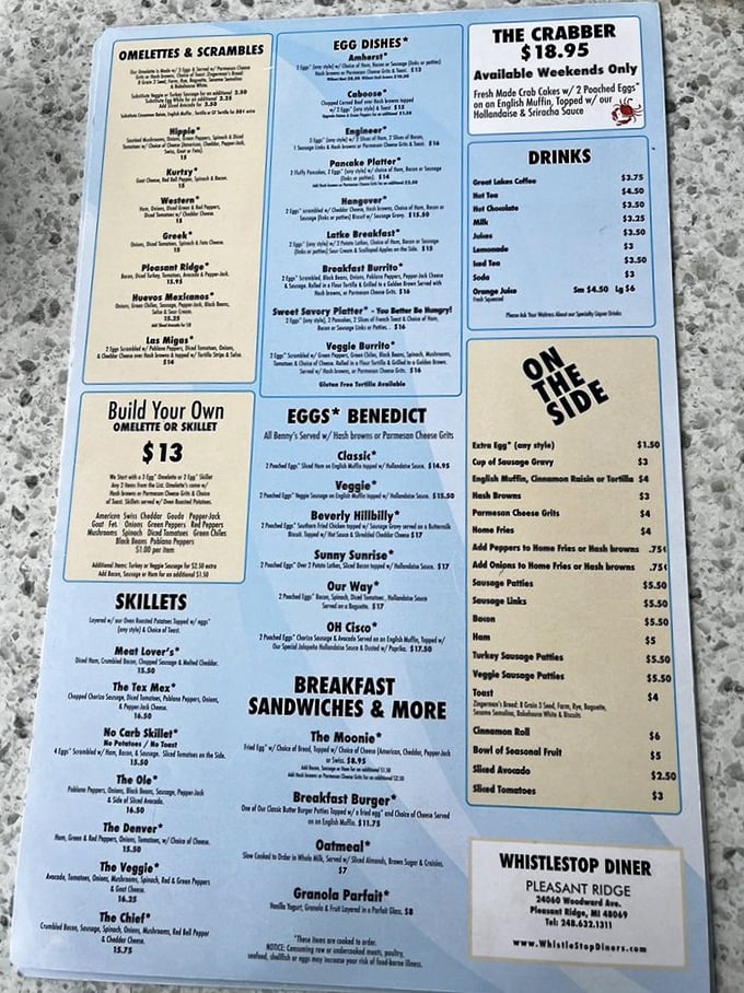 This menu isn't just a list of food—it's a roadmap to happiness with names like "Hippie" and "Beverly Hillbilly" guiding your morning journey.