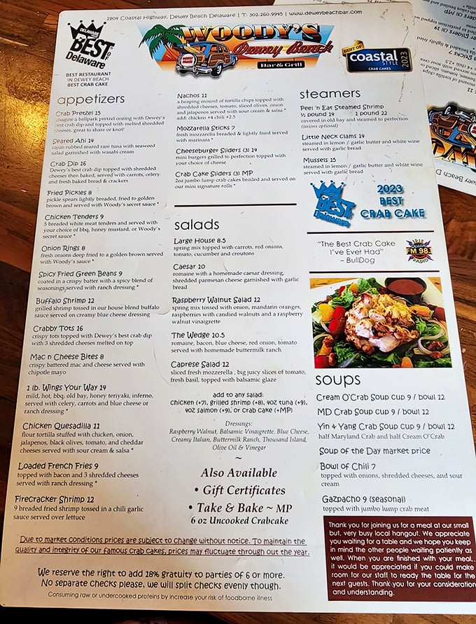 The menu reads like a love letter to the Chesapeake Bay. That crown next to "Crab Cake" isn't just decoration—it's a well-earned title.