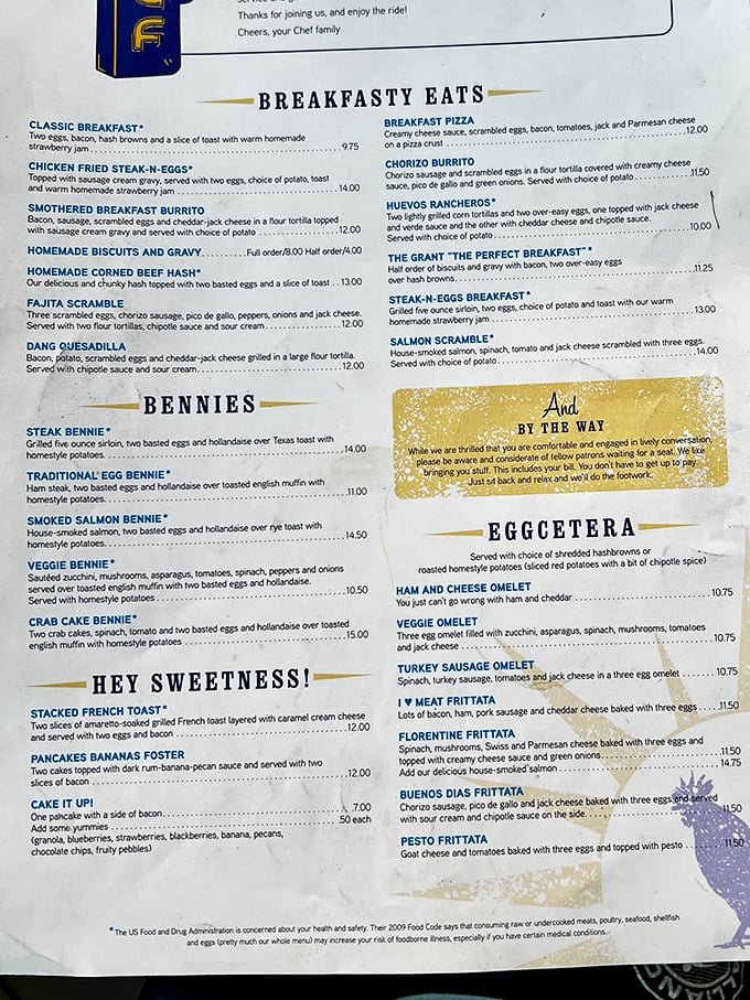 This menu reads like a breakfast lover's diary – every page filled with delicious possibilities and clever wordplay.