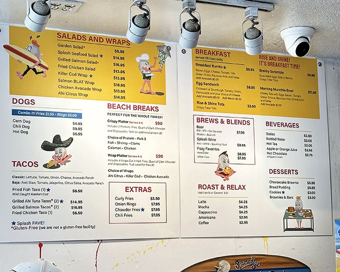 The menu board reads like a love letter to seafood enthusiasts—tacos, wraps, and of course, their legendary clam chowder all vying for your affection.