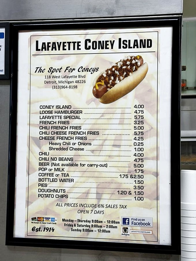 The menu board speaks fluent comfort food – no translation needed for this universal language of deliciousness.