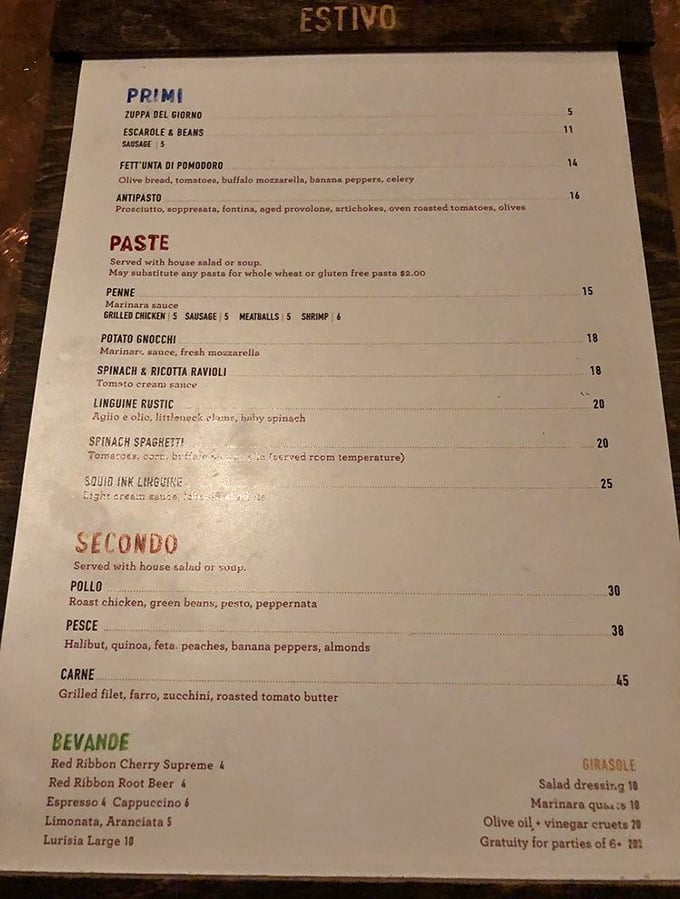 A menu that reads like a love letter to Italy, handwritten on paper that's seen some delicious decisions.