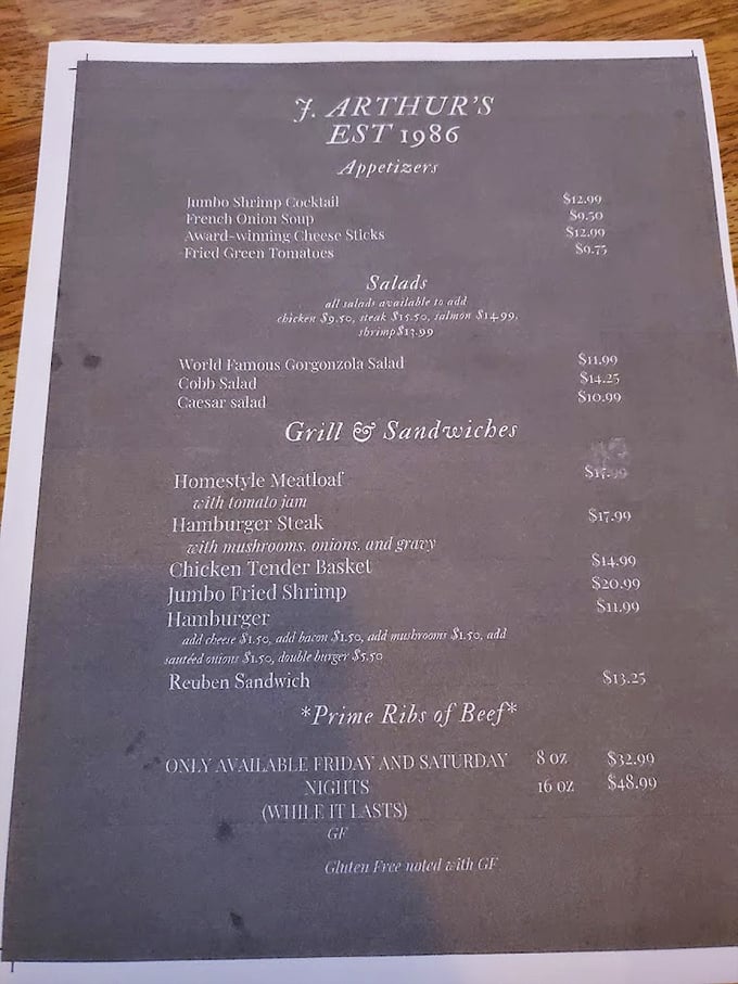 That menu tells the whole story—no foam, no fusion, just Friday night prime rib dreams coming true.
