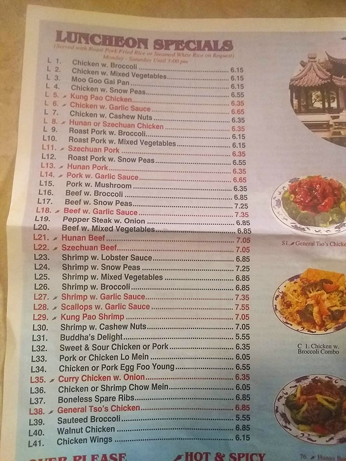 The menu reads like a treasure map where X marks the spot for flavor – those red-marked spicy options are where the real adventure begins.