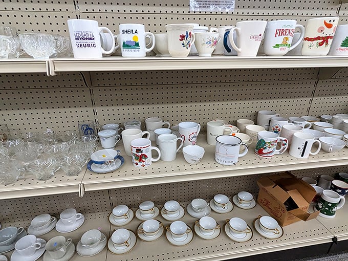 A lineup of mugs with personalities as diverse as their former owners. Each one has stories to tell over your morning coffee.