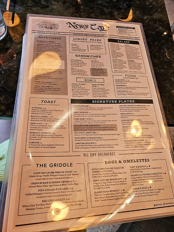 The newspaper-inspired menu offers a headline-worthy selection of all-day breakfast, sandwiches, and signature plates that tell Miami's culinary story.