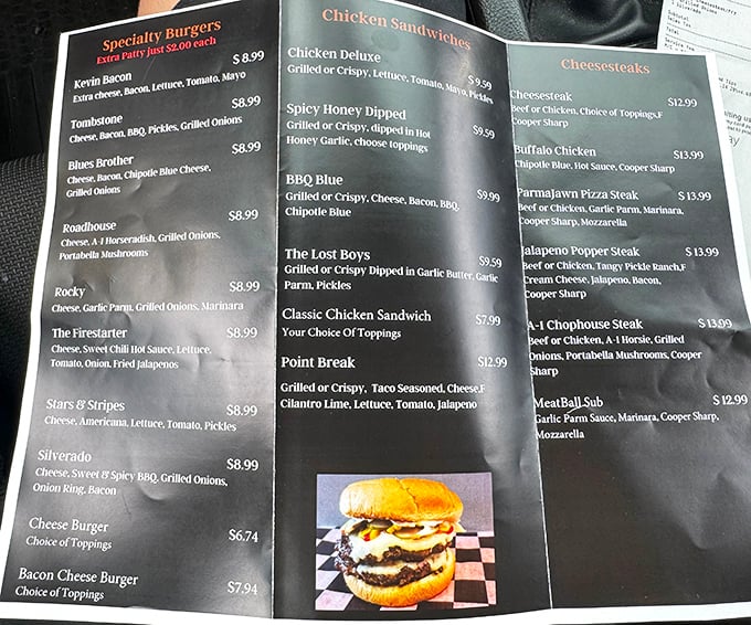 This isn't just a menu—it's a roadmap to happiness. The "Blues Brother" burger isn't singing the blues; it's creating harmony in your mouth.