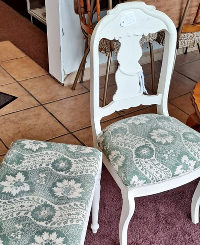 These elegant chairs with mint paisley upholstery are ready for their second act. Marie Antoinette would approve—let them eat cake in style!