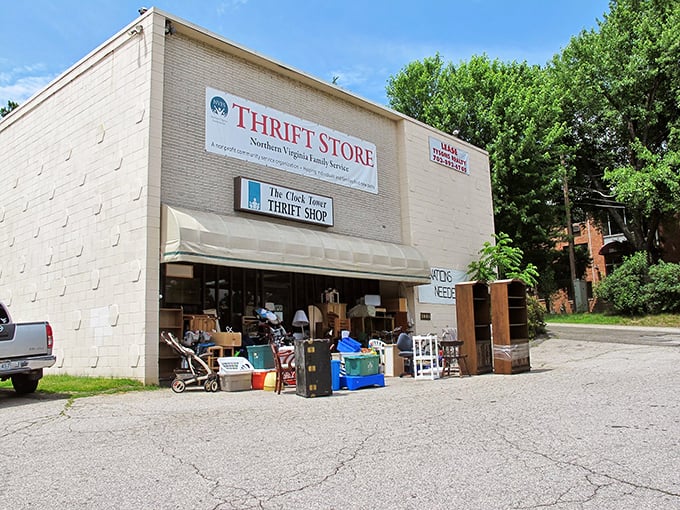 Like a retail mullet—business sign up top, party of bargains down below. The building's simple facade belies the wonderland of secondhand treasures within.