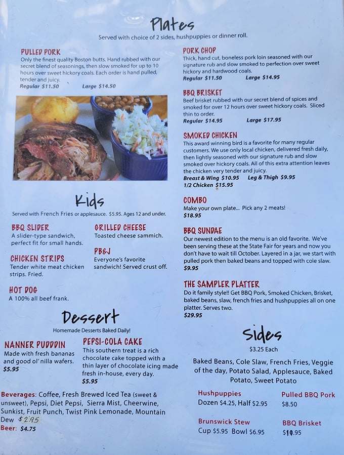 The menu reads like barbecue poetry—Boston butts slow-smoked for 10 hours, hand-pulled pork, and a "Nanner Puddin'" that would make your grandma jealous.