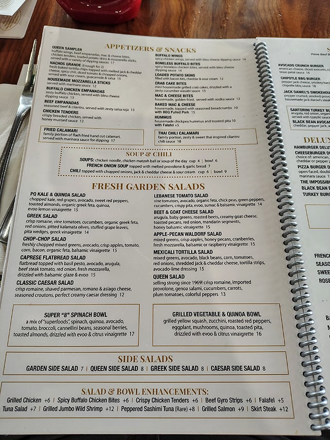 Menu anxiety? It's real. The Pompton Queen's spiral-bound tome of possibilities ranges from Greek salads to empanadas—decision paralysis never tasted so good.