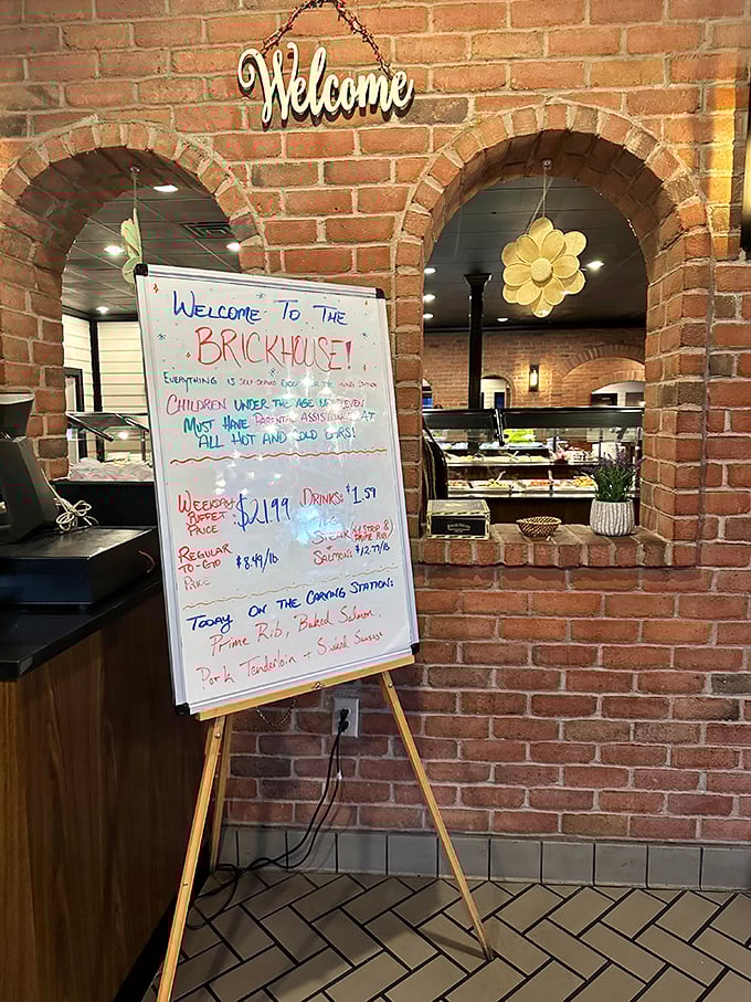 "Welcome to the Brickhouse!" declares the cheerful board, listing today's specials like a delicious treasure map where X marks the prime rib.